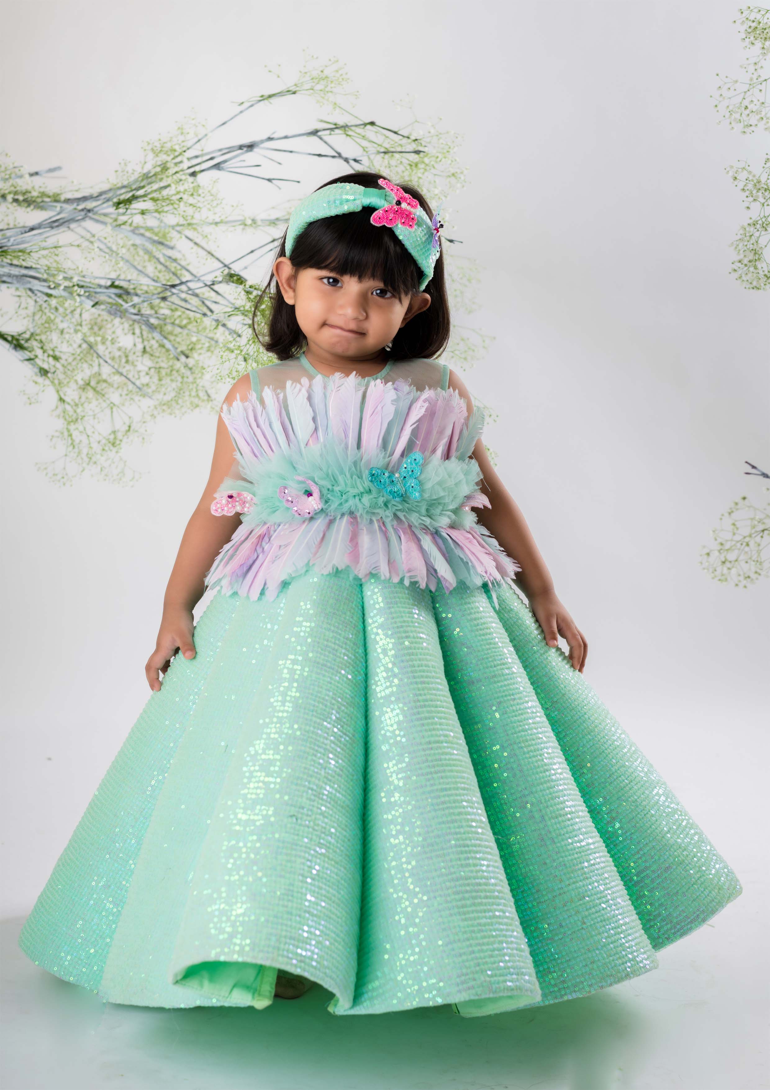 Sea Green Feather Structure Gown – Lil Angels